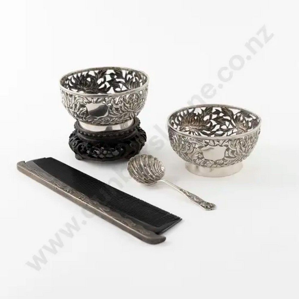 Chinese Silver Bowls, Comb, Sifter Spoon with Dragon Decoration ...