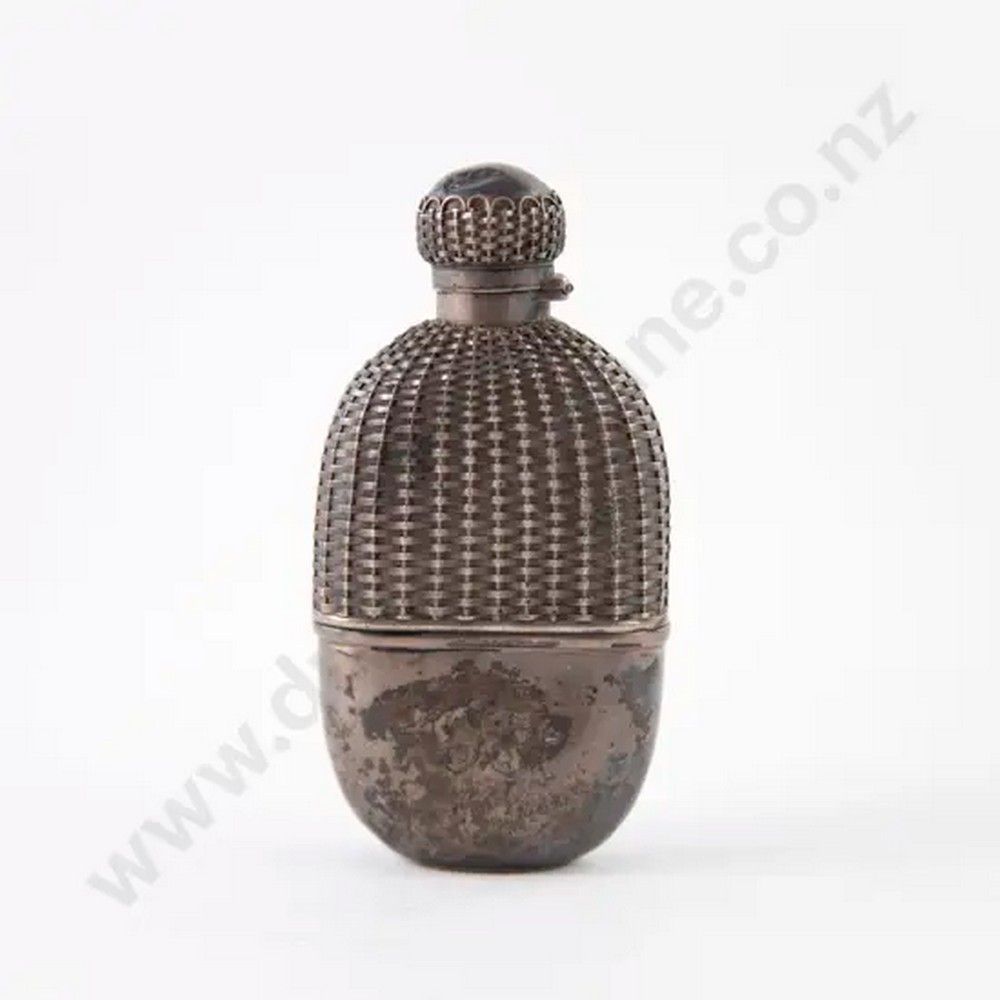 Victorian sterling silver hip flask with basket weave cap, London ...