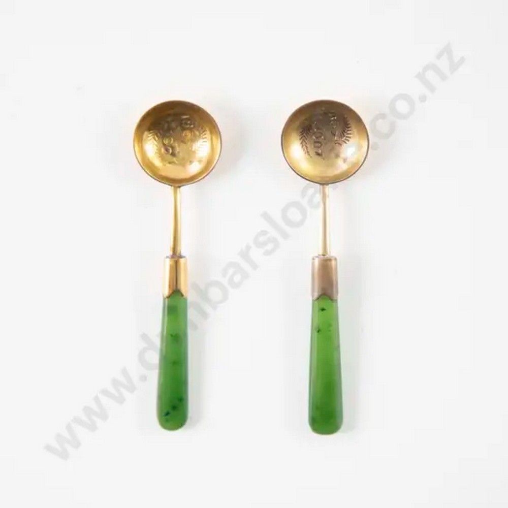 Colonial Kohn silver gilt salt spoons with greenstone handles ...