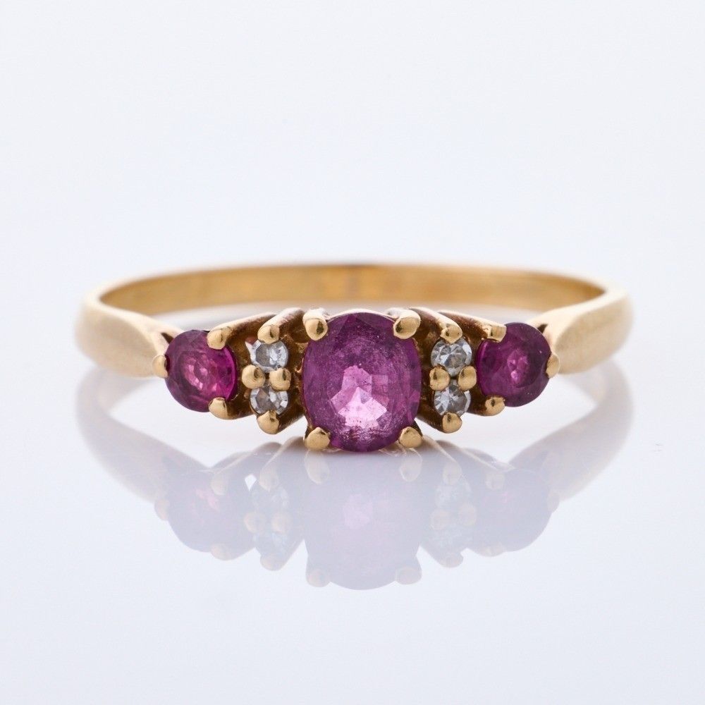 Vintage 9ct Yellow Gold Ruby and Diamond Three Stone Ring - Rings ...