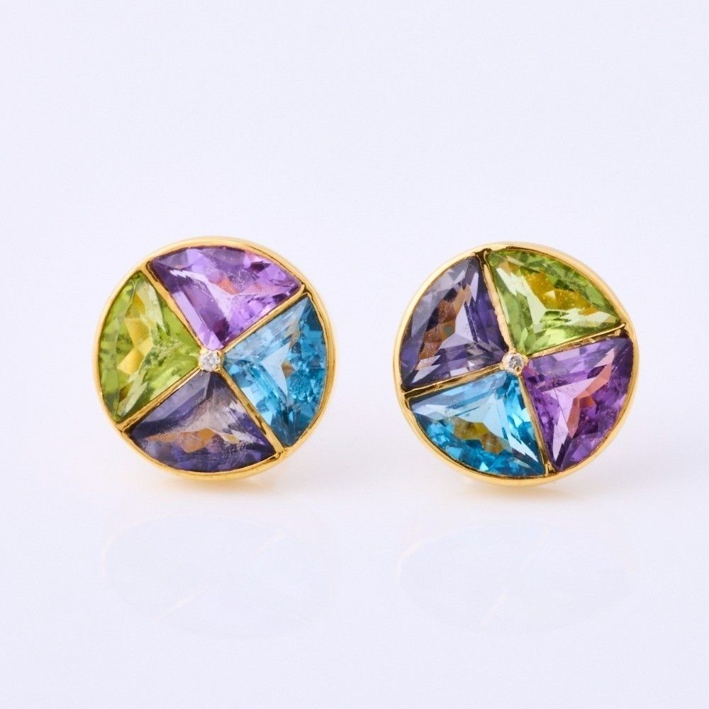 14ct Gold Multi Gemstone Cluster Stud Earrings with Diamond - Earrings ...