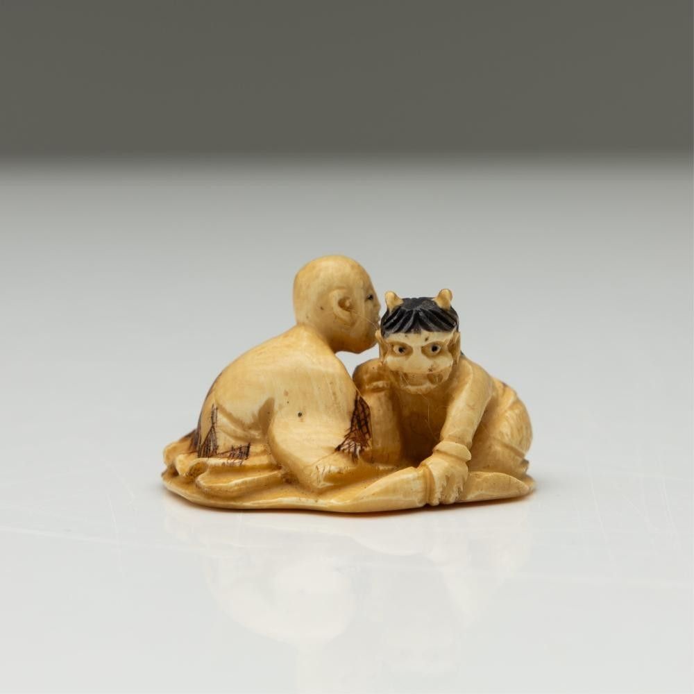 Japanese Carved Ivory Netsuke Figural Group, Height 5 cm - Netsuke ...