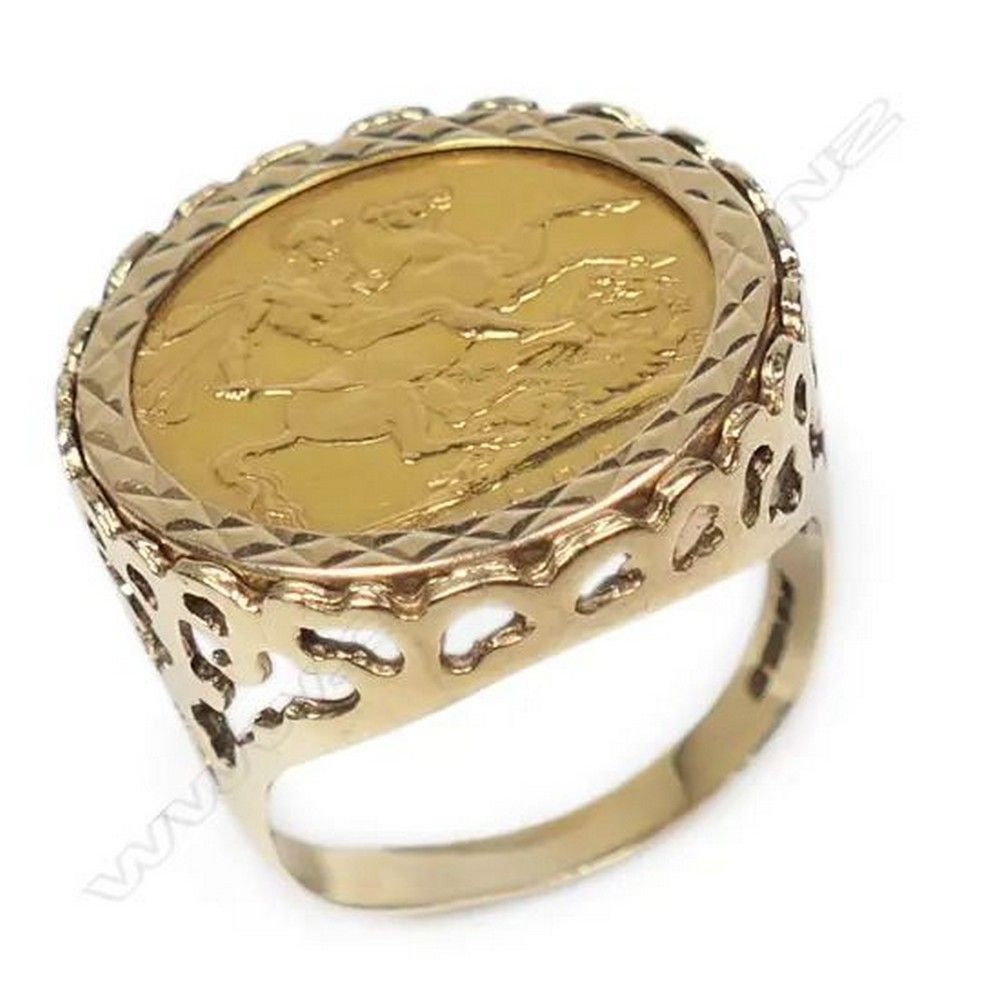1908 Gold Full Sovereign Set 9ct Gold Ring, British Mint - Rings ...
