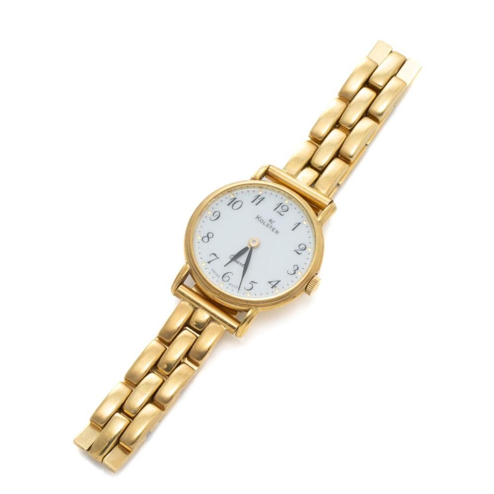 18ct gold Kolster ladies quartz wristwatch with brick pattern band ...