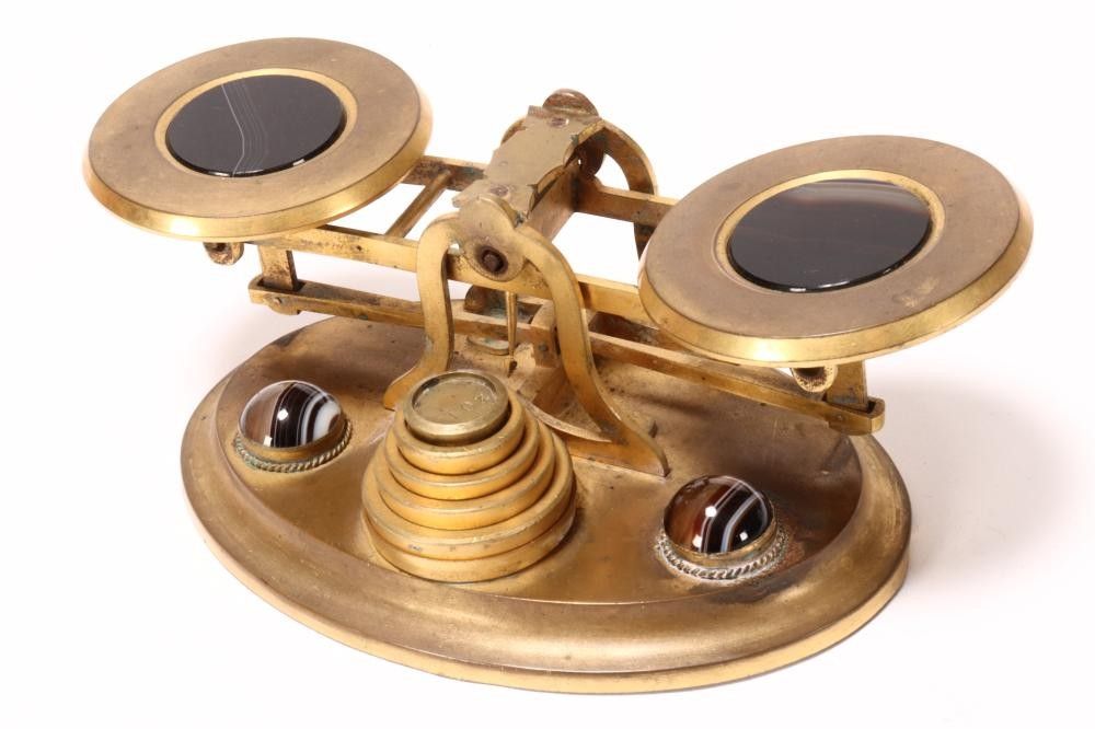 Victorian Gilt Brass and Agate Scales with Weight Set - Scales - Sundries