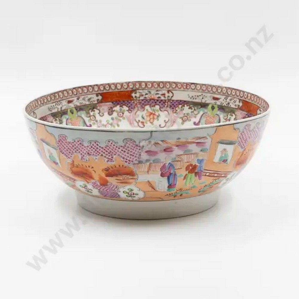 19th Century Newhall Man Window Pattern Punch Bowl, Famille Rose ...