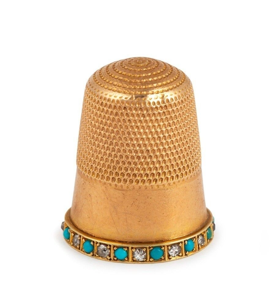 Antique 18ct Gold Thimble with Diamonds and Turquoise Decoration ...