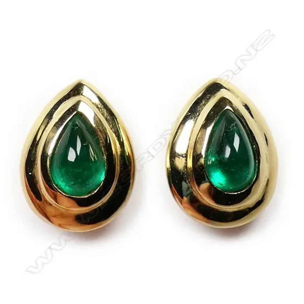 18ct Gold Pear Emerald Stud Earrings with Rub Over Mount - Earrings ...