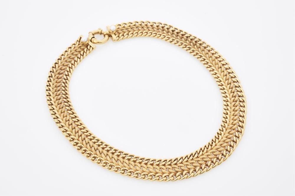 Textured and Polished Italian Gold Collier Chain with Pearls - Necklace ...