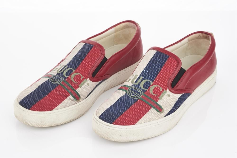 Gucci Red Loafers with Navy Stripes and Green Logo - Footwear - Costume ...