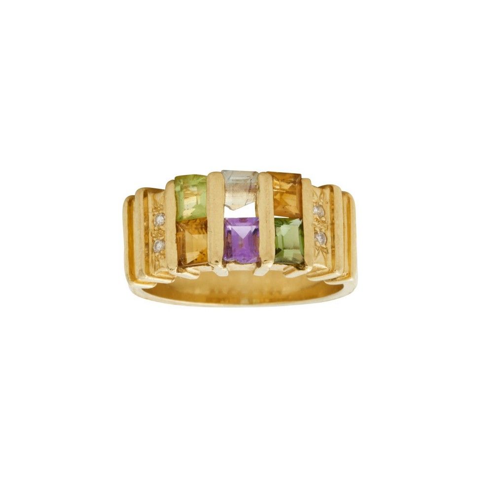 Multi-Gemstone Square-Cut Ring with Diamonds in 18ct Gold - Rings ...