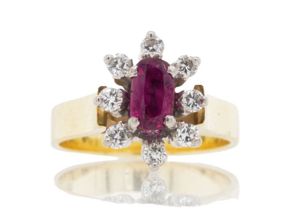 18ct Yellow Gold Ruby Diamond Cluster Ring, Size O - Rings - Jewellery