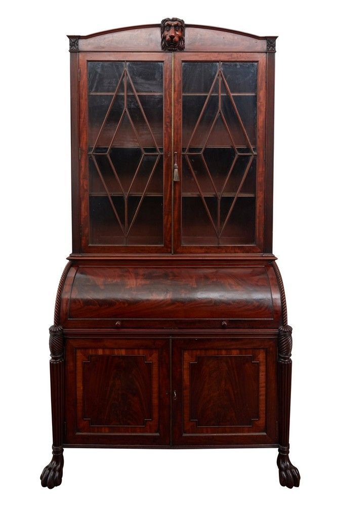 Regency Mahogany Cylinder Library Bookcase with Lion Mask Pediment ...