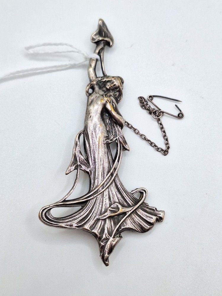 Art Nouveau Maiden Lily Pewter Brooch - Brooches - Jewellery