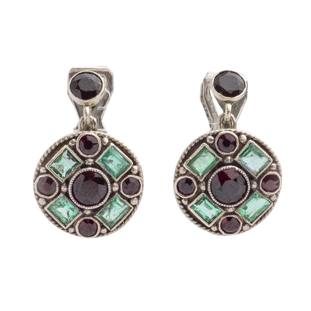 Emerald and Garnet Sterling Silver Circular Ear Clips - Earrings ...