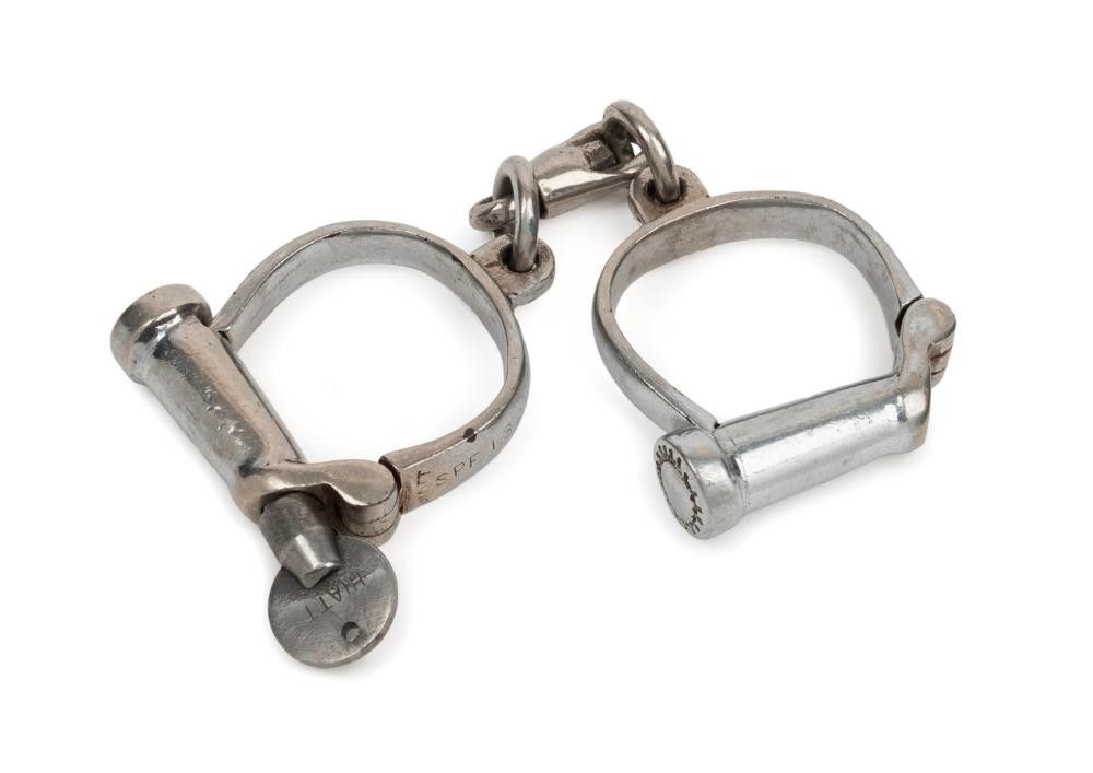 Hiatt Convict Handcuffs, Small Size, Original Nickel Finish, Engraved ...