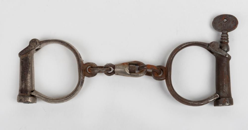 19th Century Nickel-Plated Handcuffs with Screw Key, 26cm Wide ...