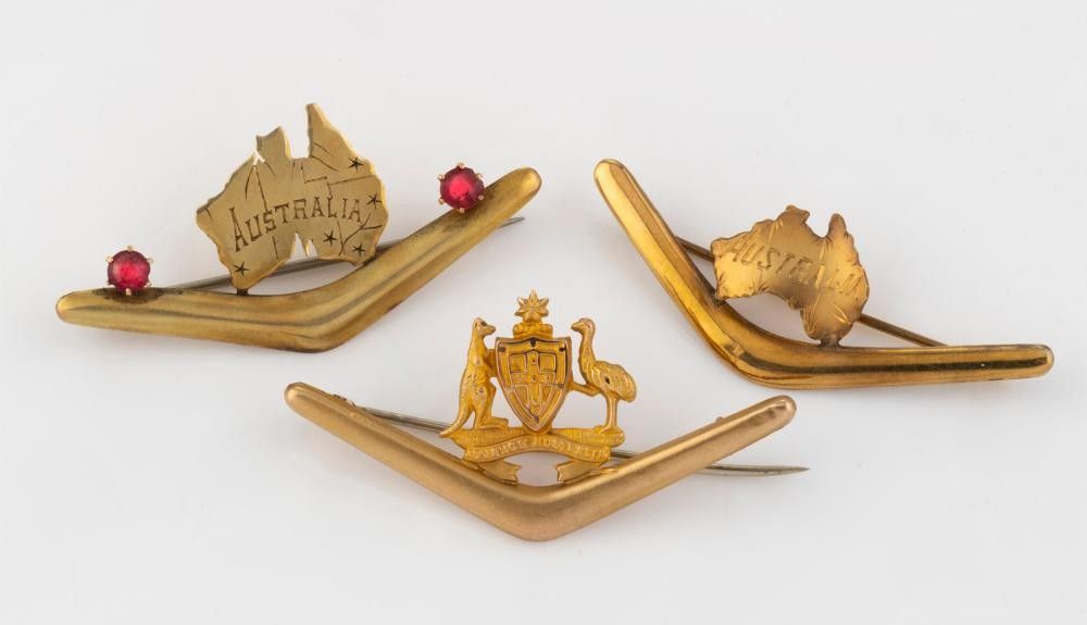 Antique Australian 9ct Gold Boomerang Brooches with Maps and Coat ...