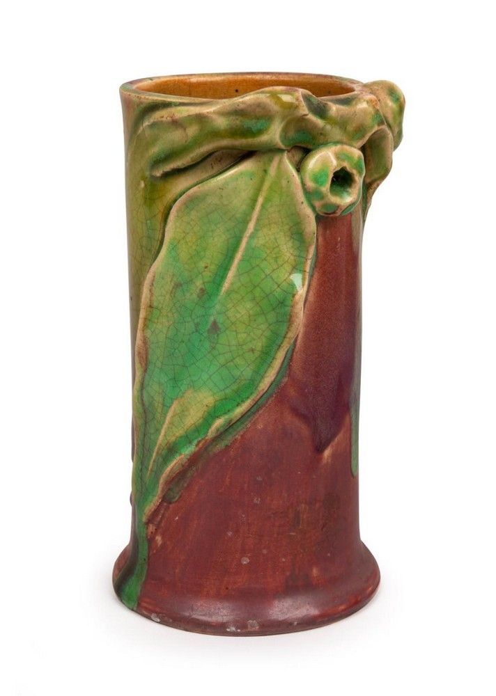 Remued Pottery Vase with Gumnuts and Leaf, Pink/Green Glaze - Remued ...