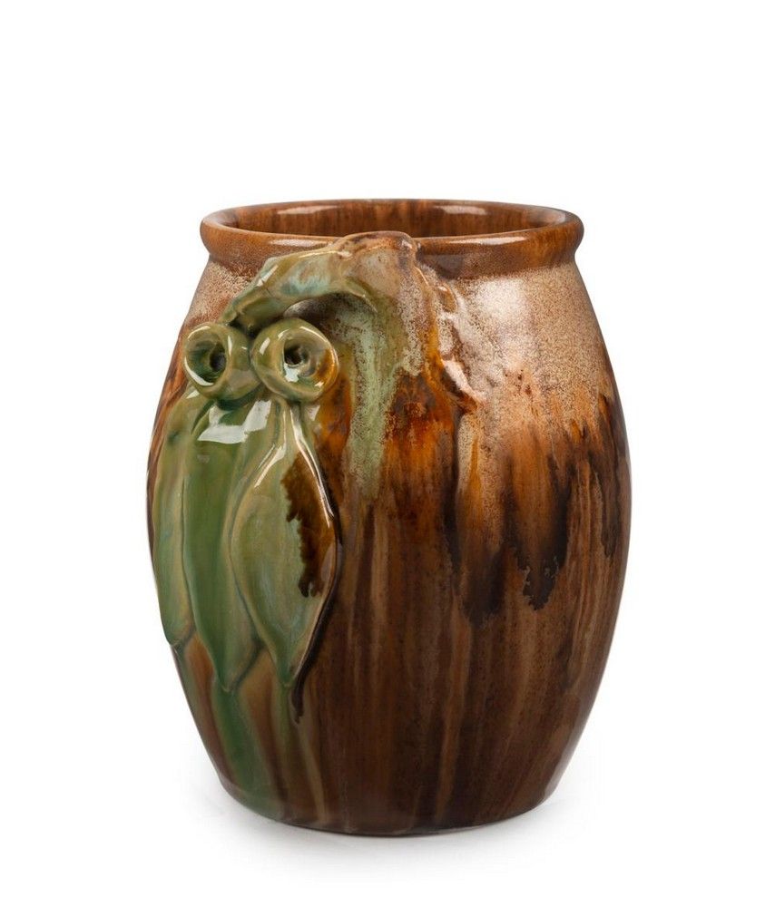 Remued Barrel-Shaped Pottery Vase with Gumnuts and Leaves, 16cm High ...