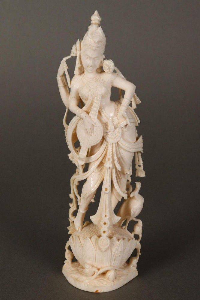 Krishna Deity Carved Figure with Musical Instrument - Zother - Oriental