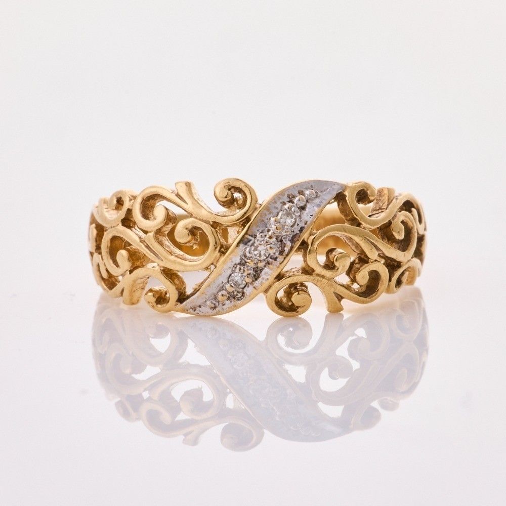 9ct Yellow Gold Scroll Ring with Diamond Accents, Size O - Rings ...
