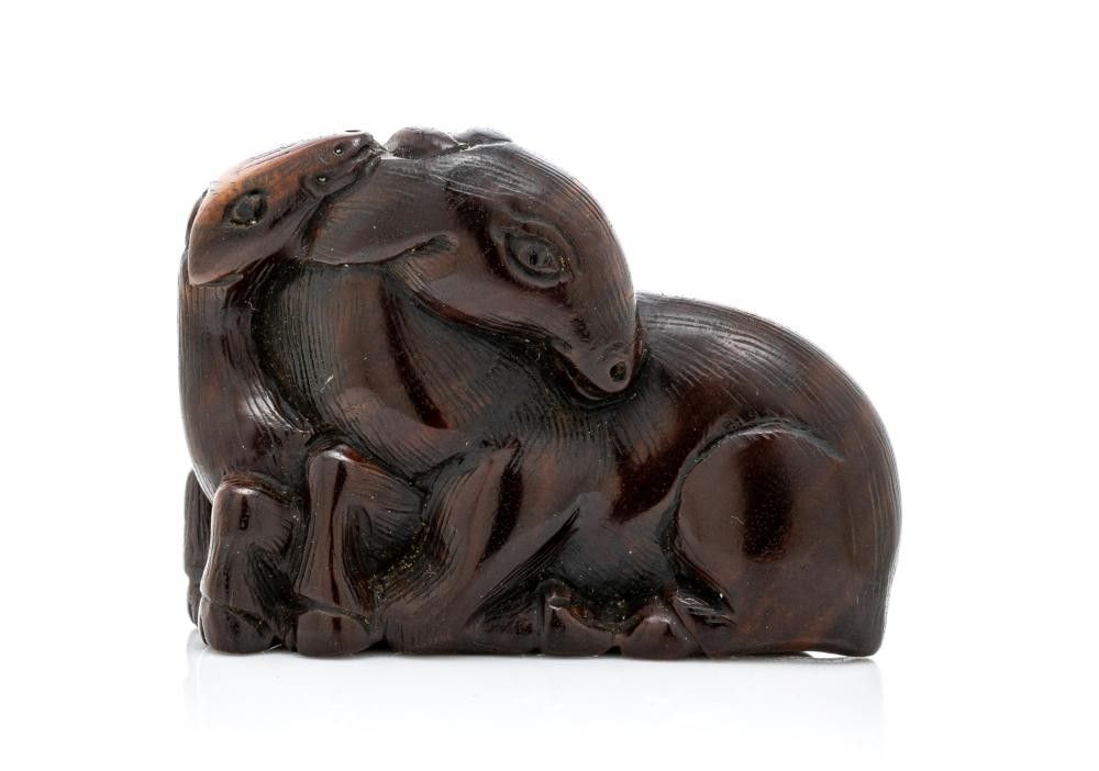 Japanese Carved Wooden Netsuke: Two Horses by Isshoni Katsu - Netsuke ...