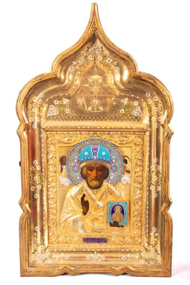 Russian St. Nicholas Gilt Silver Enamel Icon with Floral Motifs ...