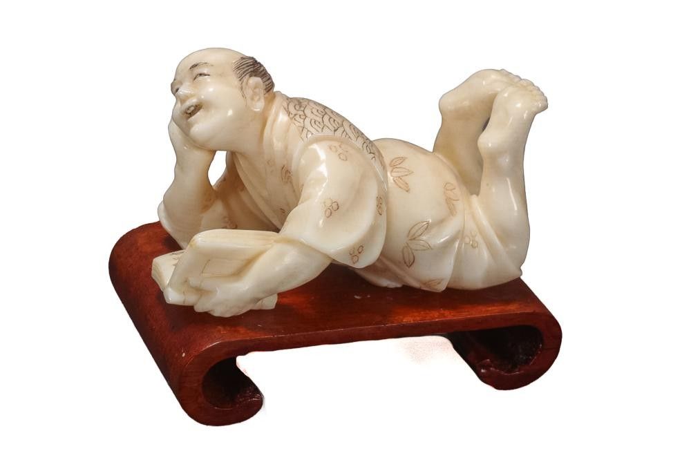 Reclining Man Netsuke with Book and Wooden Stand - Netsuke - Oriental