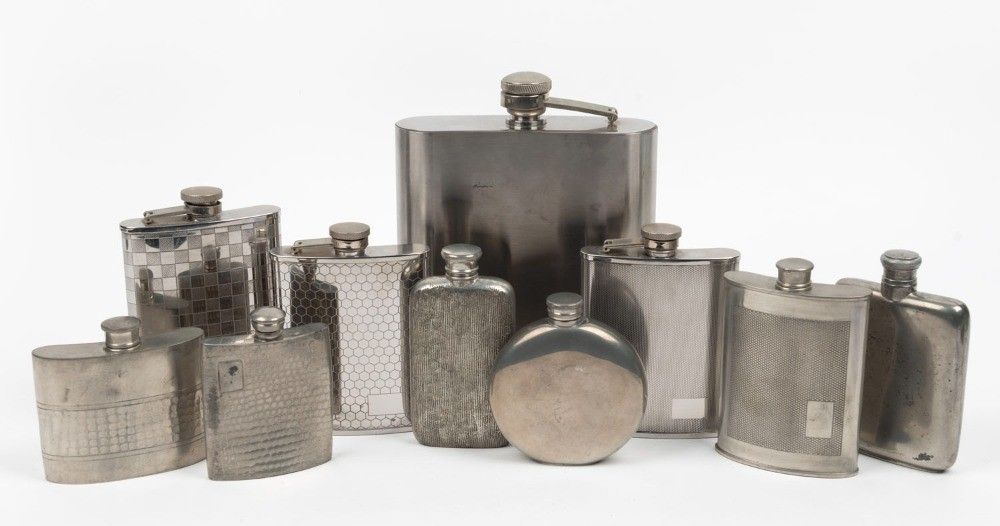 Assorted Antique Metal Whisky Flasks Collection - 10 Examples - Pewter ...