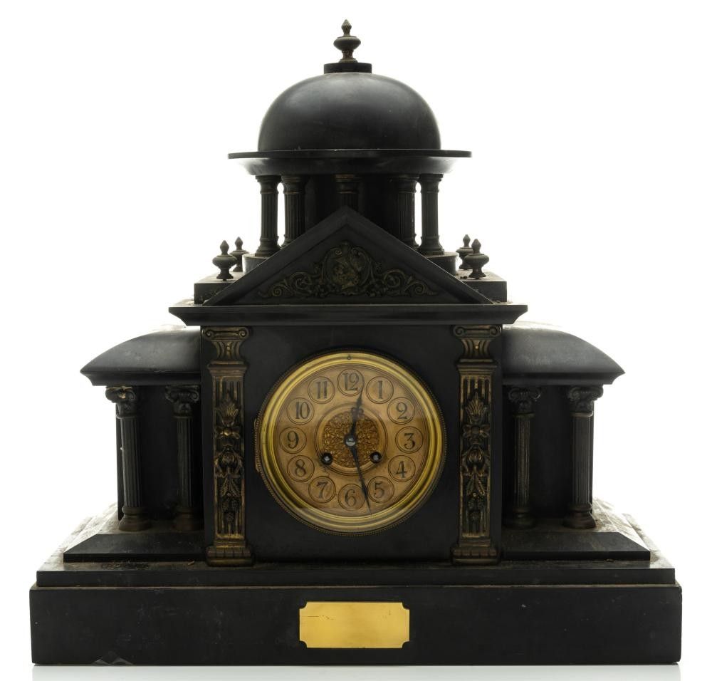 Gilded Slate Mantle Clock with Columns, Key and Pendulum - Clocks ...