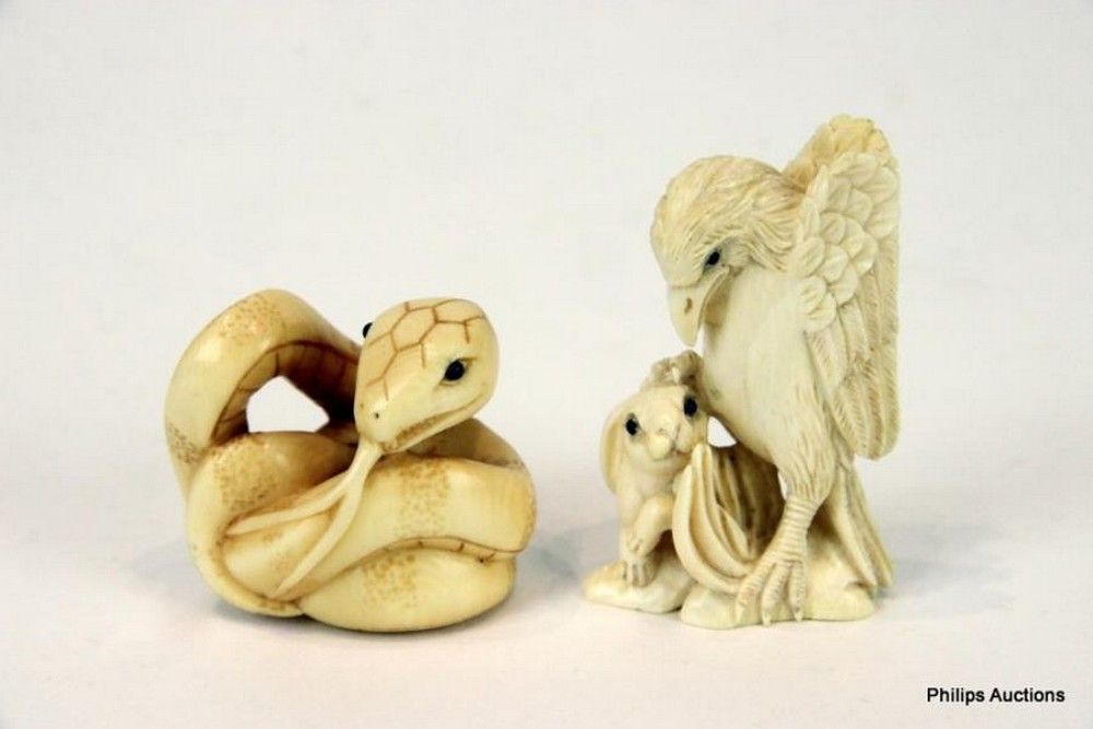 Japanese Ivory Netsukes: Eagle and Snake, Signed, Late Meiji-Showa ...