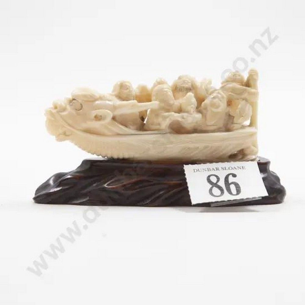 Signed Japanese Ivory Netsuke: Immortals on Dragon Boat with Stand ...