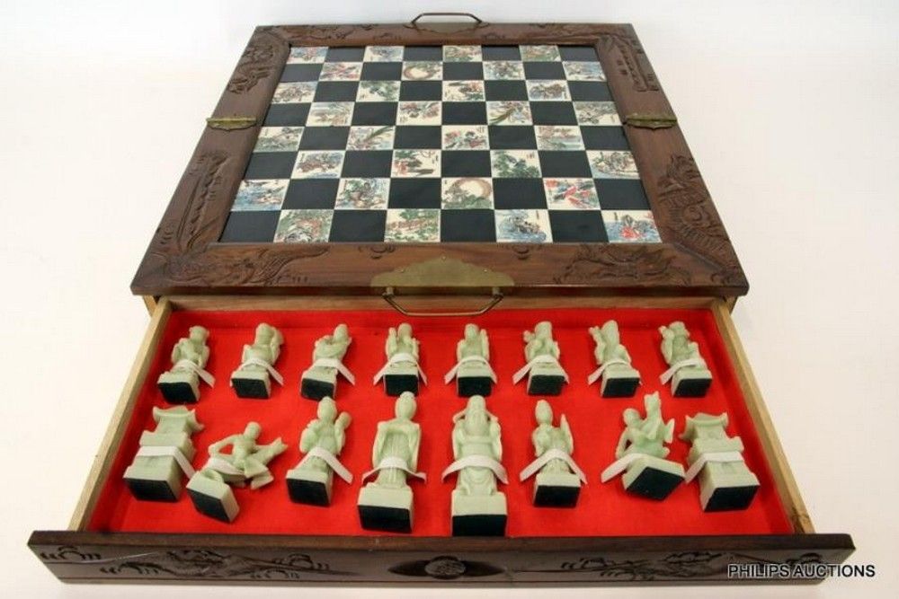 Engraved Chinese Chess Set with Polychrome Tiles, Late 20th Century ...