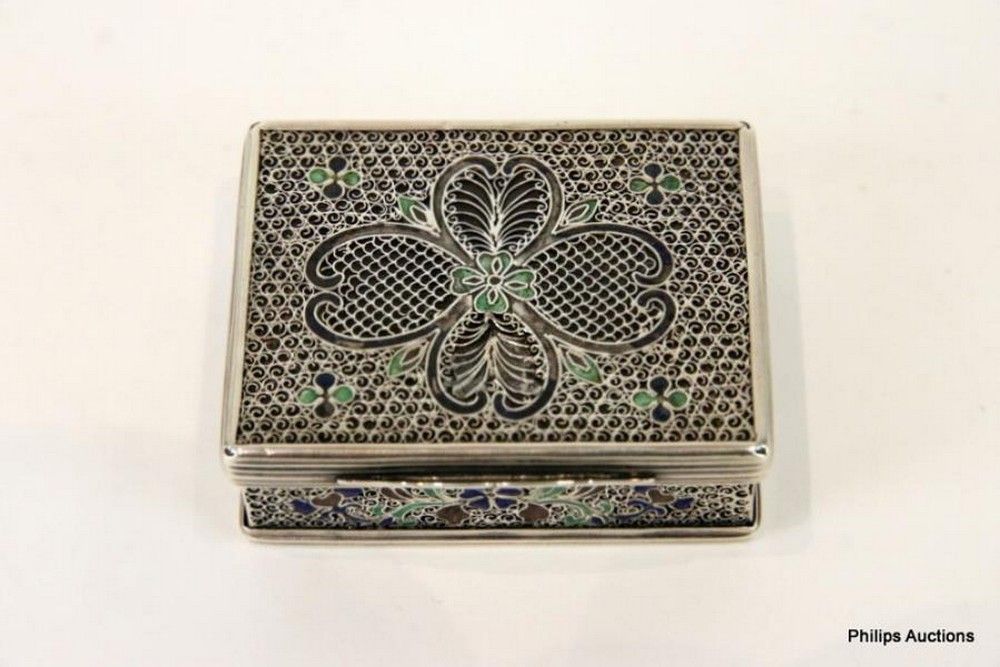 Dutch Colonial Silver Filigree Enamel Snuff Box, Late 19th Century ...