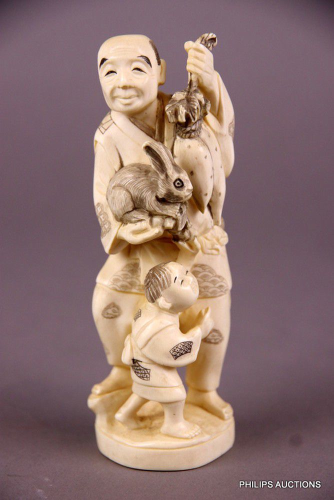 Meiji Ivory Okimono with Farmer and Rabbit - Ivory - Oriental