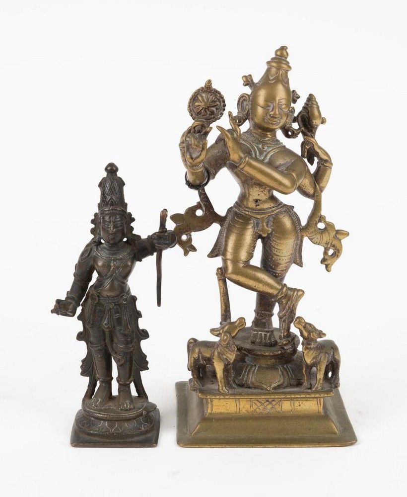 Antique Indian Bronze Statues: Krishna and Figure with Staff - Bronze ...