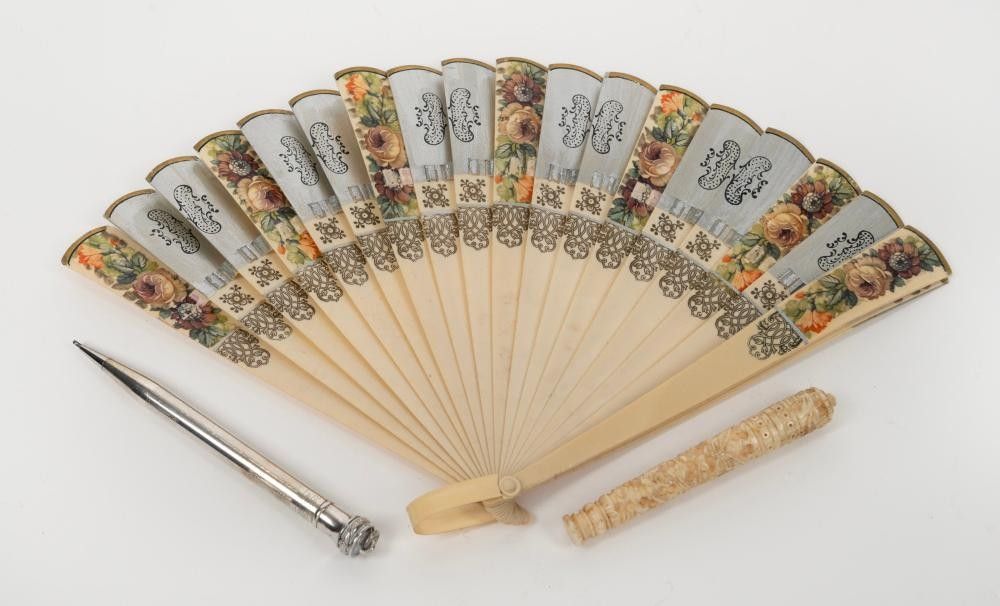 A Chinese carved ivory needle case, ivorine pocket fan and a… - Zother ...