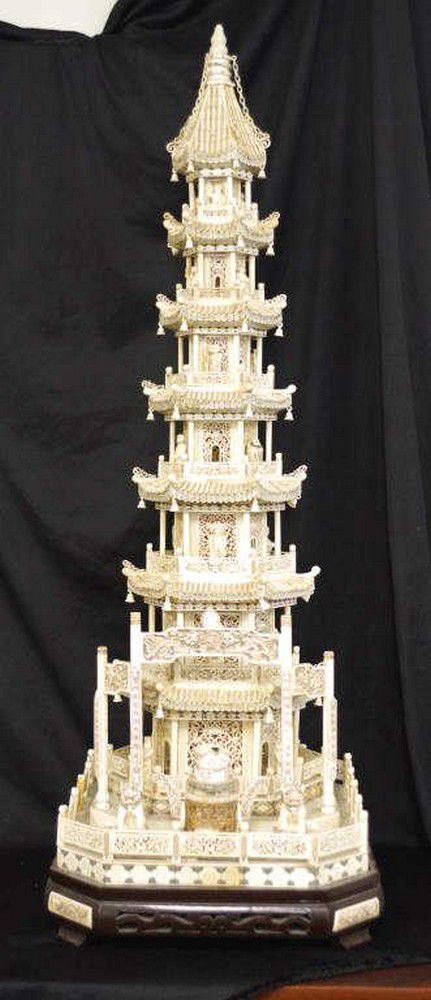 Chinese Carved Bone & Ivory Pagoda Tower with Figures - Ivory - Oriental