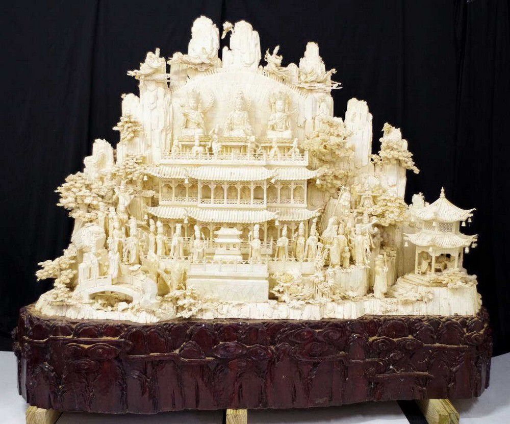 Chinese Carved Bone Temple with Seated Gods and Figures - Zother - Oriental