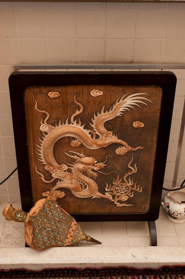 Dragon Embroidered Fire Screen and Bellows Set - Screens - Furniture