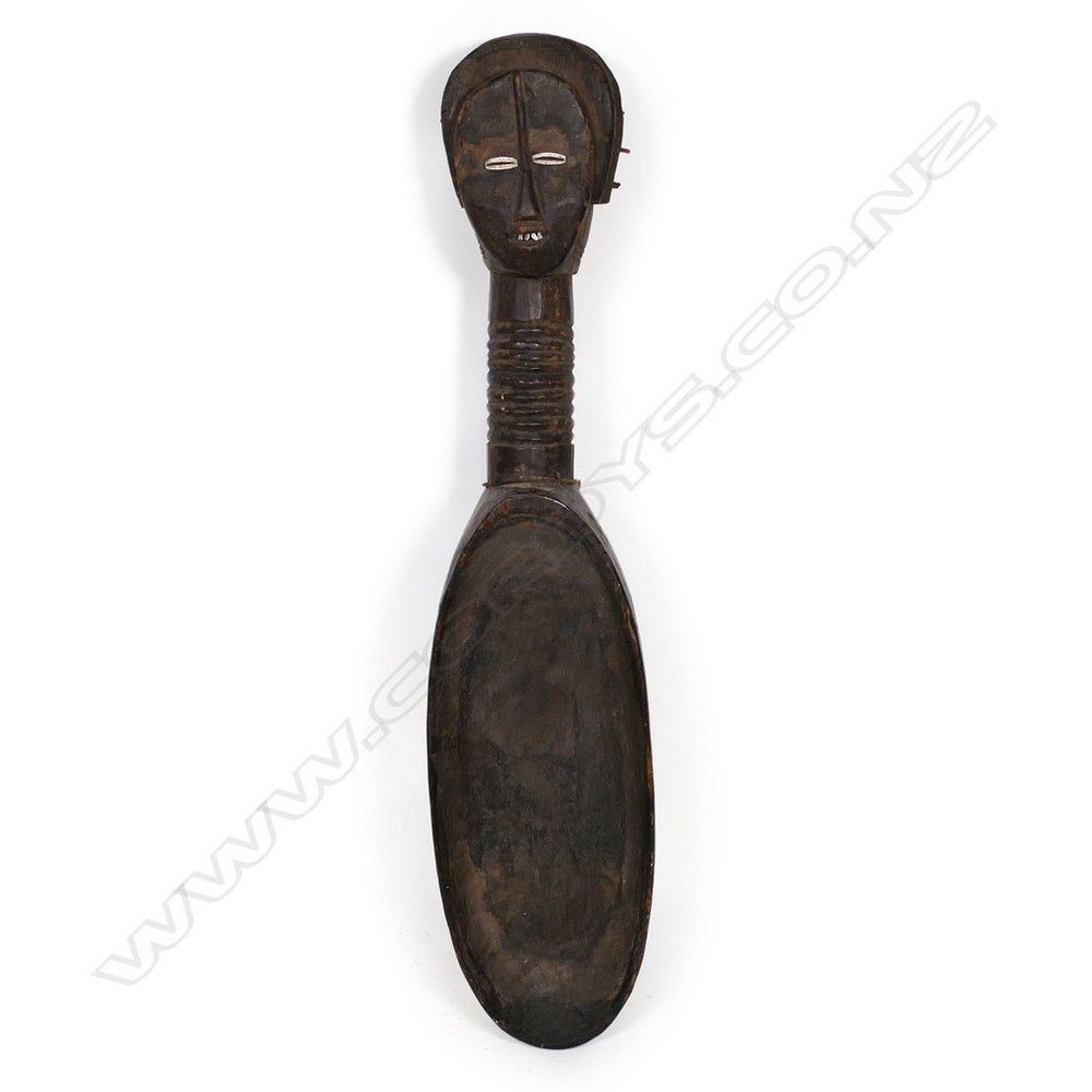 African Wood Oval Dish with Portrait Handle - African - Tribal