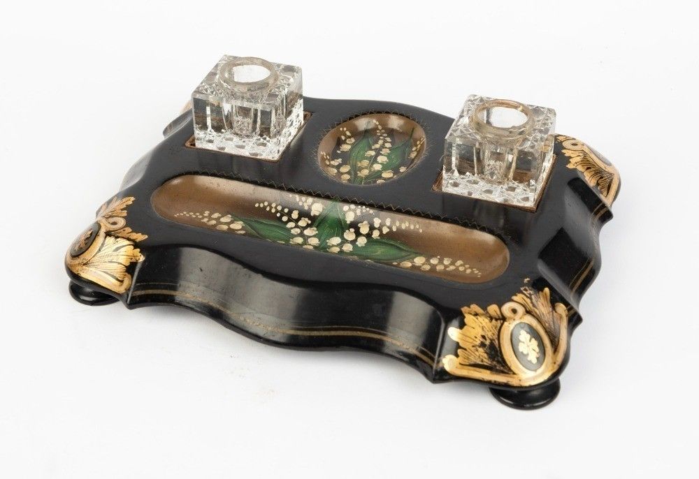 19th Century English Black Lacquer Ink Stand with Lily Motif - Writing ...