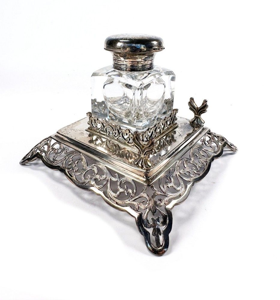 Mid 19th Century Sterling Silver Inkwell Stand with Glass Inkwell ...