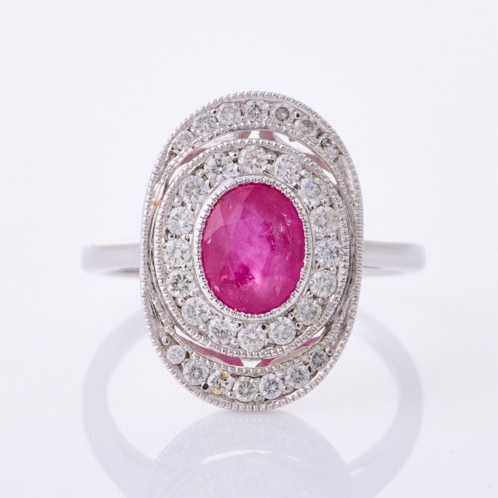 18ct White Gold Ruby Ring with Diamond Halo, Size O - Rings - Jewellery