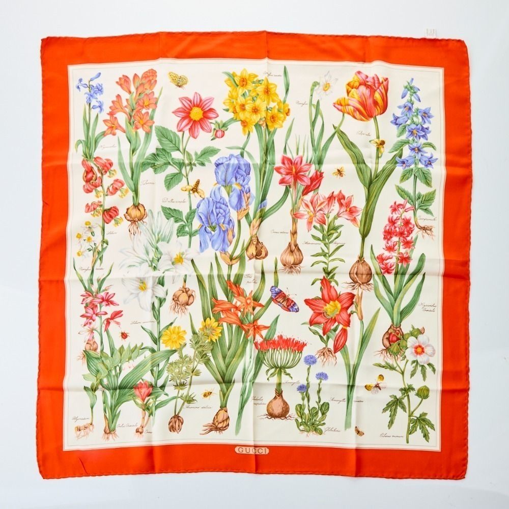 Gucci 100% Silk Red Scarf with Multicoloured Flowers Border - Shawls ...